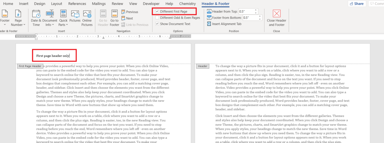 How to Insert Header Only on First Page of Ms Word document ...