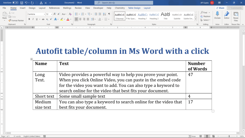 How to autofit column width of Ms Word Table - PickupBrain: Be Smart